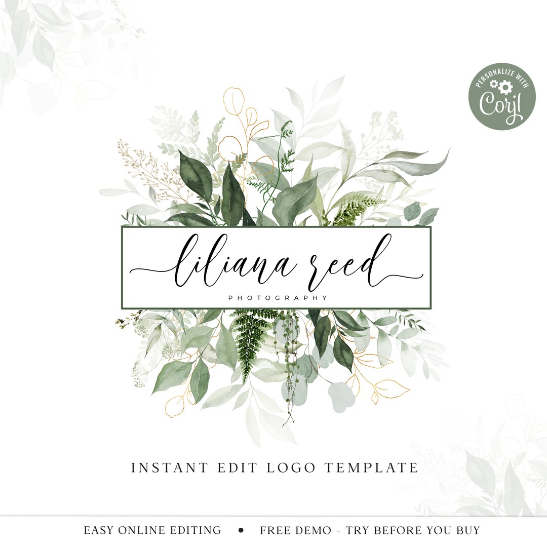 Editable Greenery Logo Template, DIY Edit Instant Watercolor Leaves ...