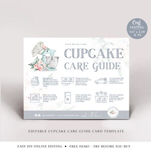 Editable Cupcake Care Card, (2 Sizes) Printable Cupcake Care Template ...