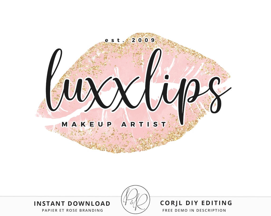 DIY Editable Lips Logo Makeup Artist Sparkle Pink & Gold - Etsy