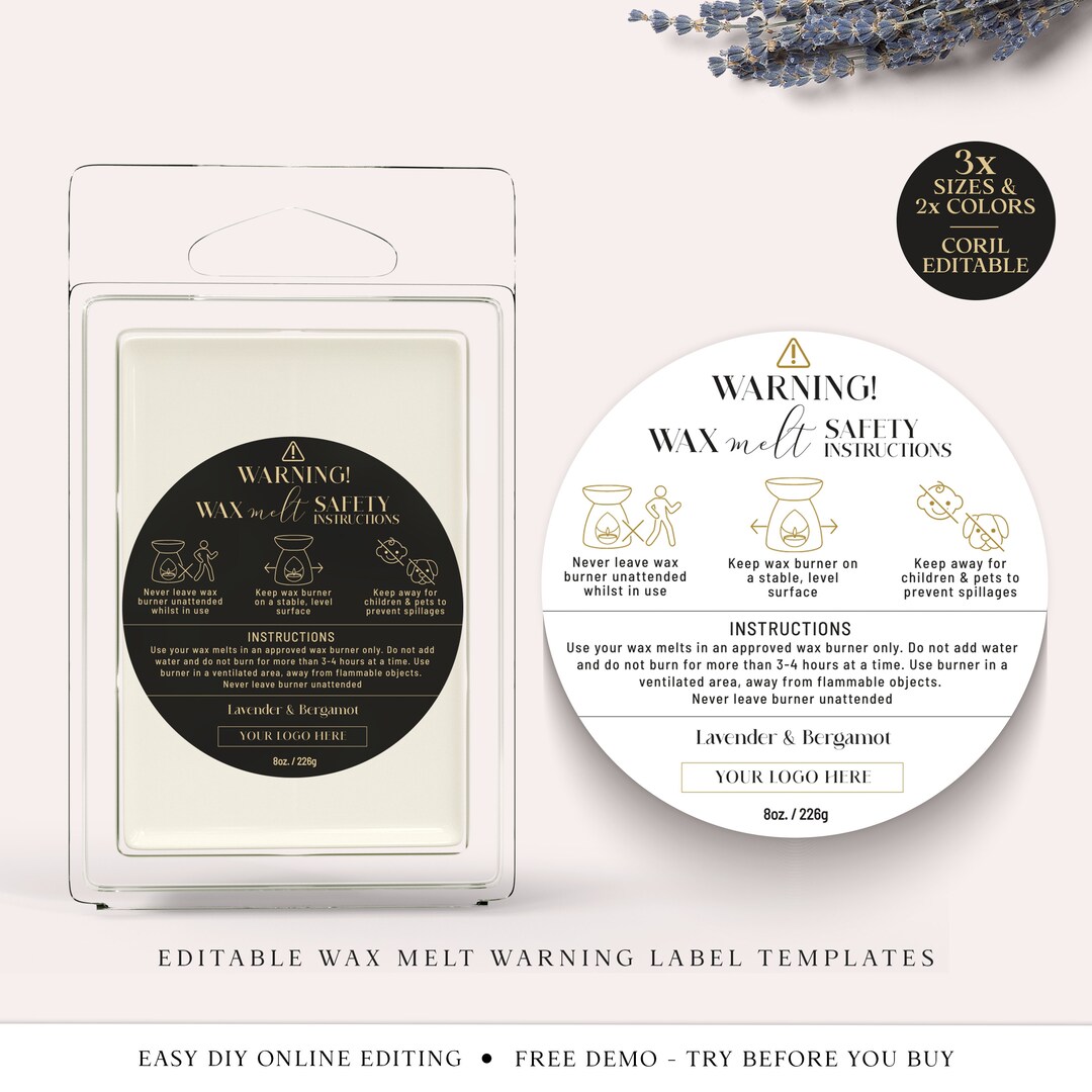 Wax Melt Warning Label Editable Template (3 Sizes) DIY Wax Melt Safety ...