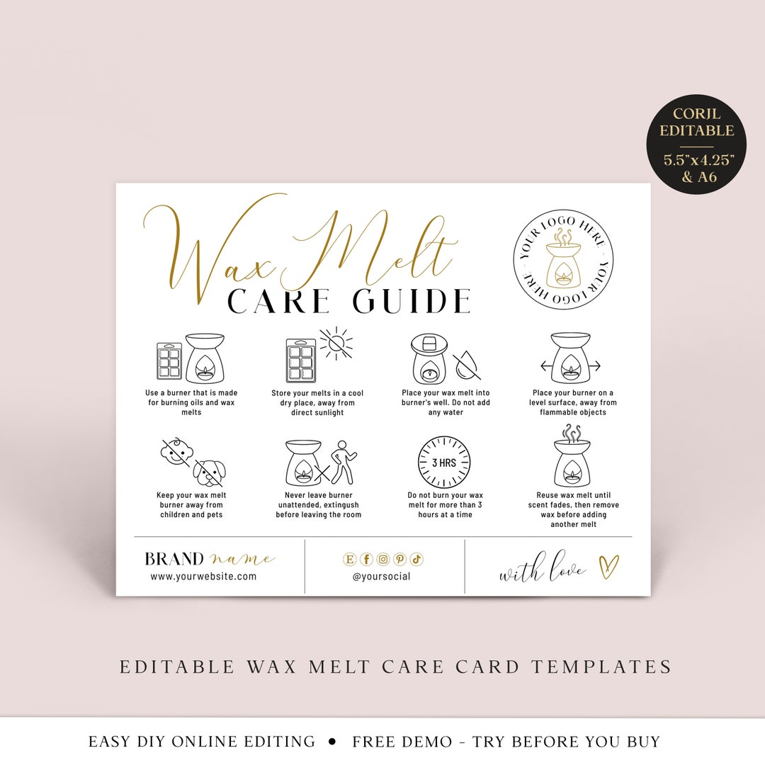 Wax Melt Care Guide Editable Template, 2 Size Minimalist Wax Melt ...