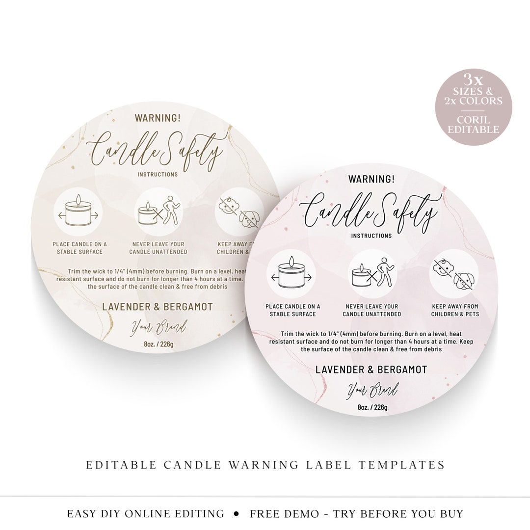 Editable Candle Warning Label Template, 3 SIZES DIY Candle Safety ...