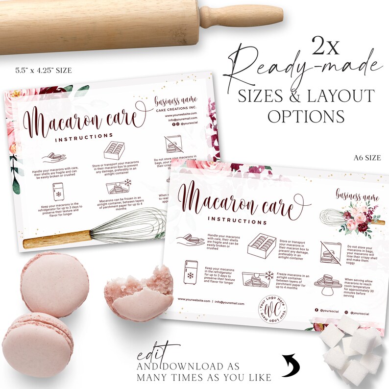 Editable Macaron Care Card 2 Sizes DIY Edit Macaroon Care - Etsy