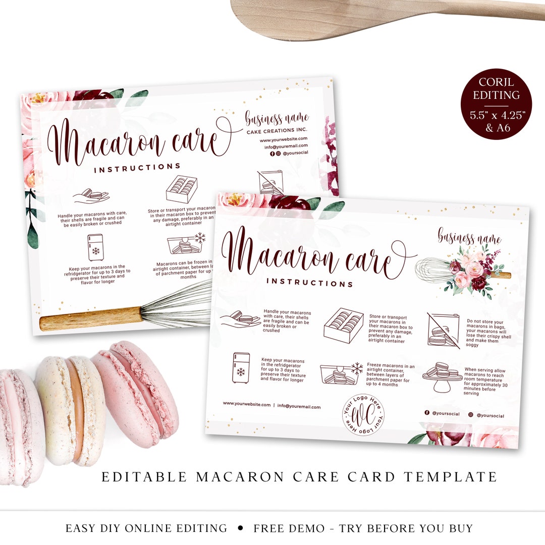 Editable Macaron Care Card, (2 Sizes) DIY Edit Macaroon Care Template ...