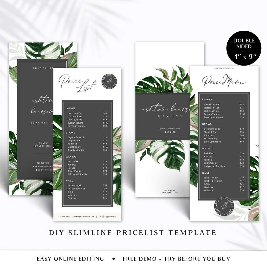 Business Price List Template, Tropical 4x9 DIY Editable Slimline Price ...
