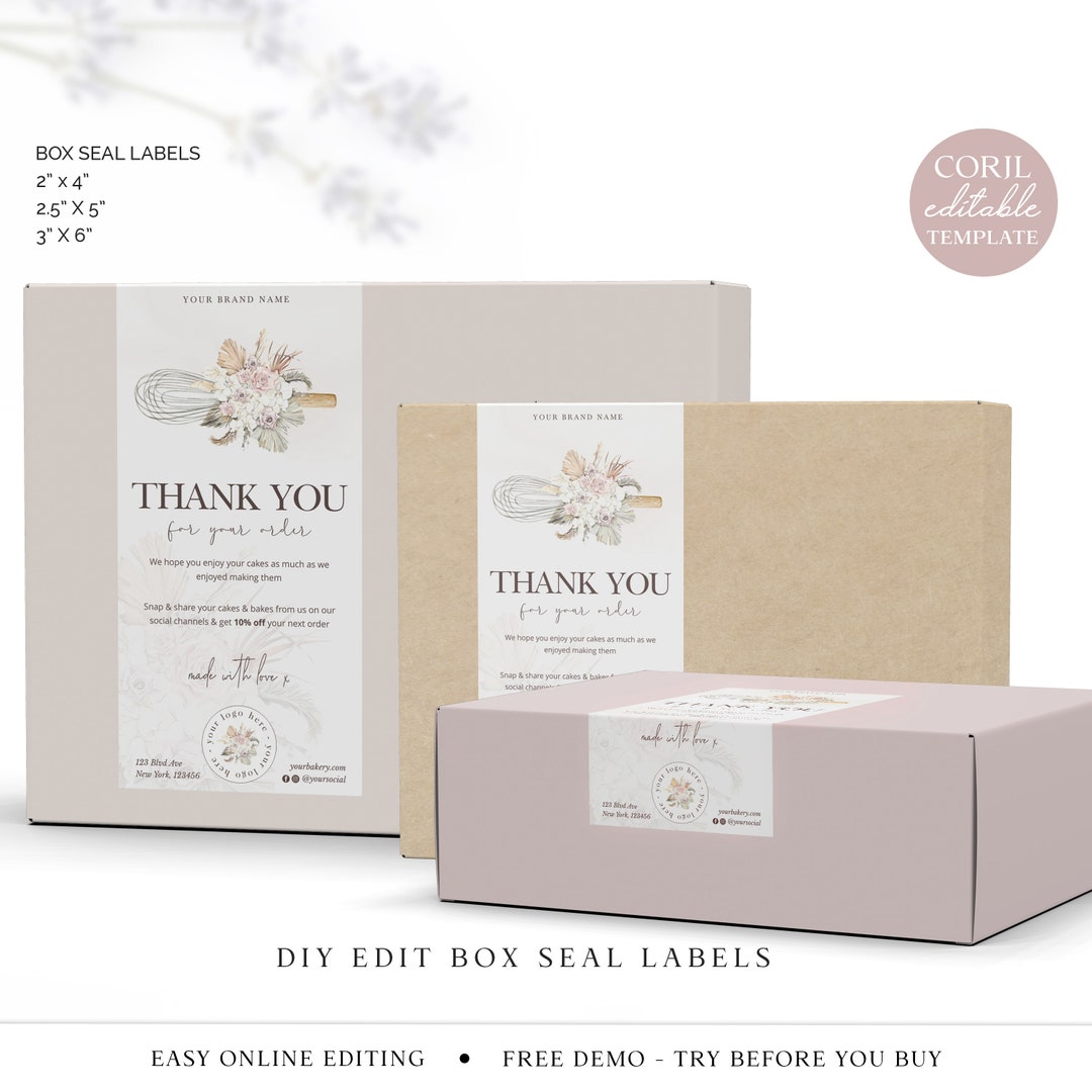 Editable Cake Box Seal Label Template 3 Sizes Diy Edit Bakery Box