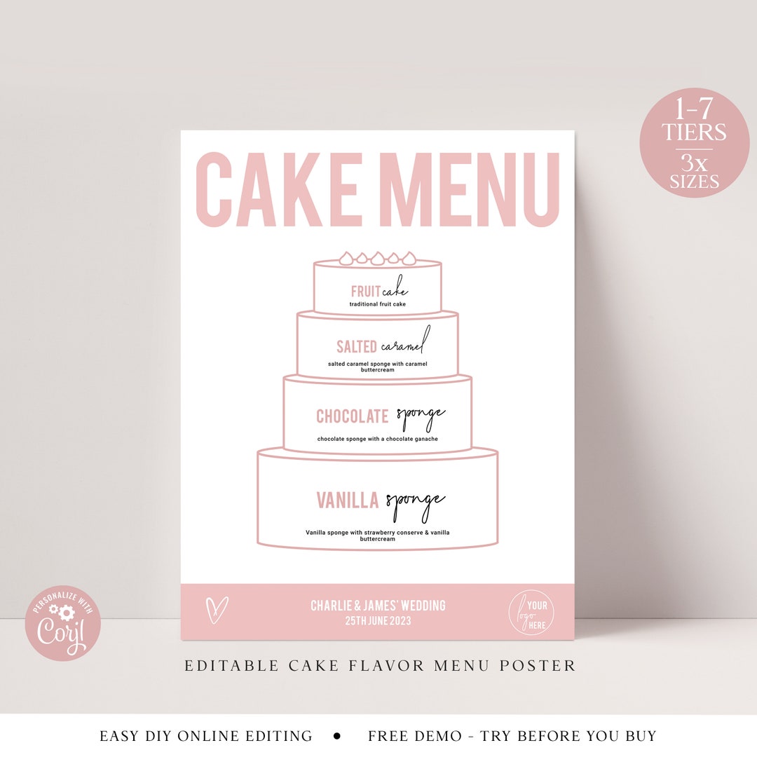 Cake Menu Sign Editable Template, Wedding Cake Flavor Poster, Printable ...