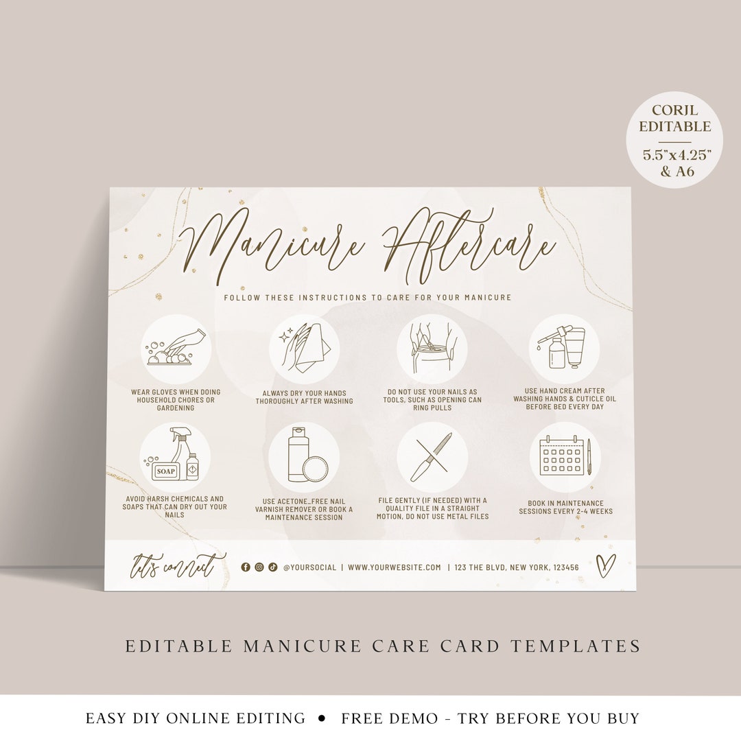 Manicure Care Card Editable Template, 2 Sizes Nail Care Template, DIY ...