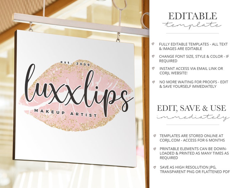 DIY Editable Lips Logo Makeup Artist Sparkle Pink & Gold - Etsy
