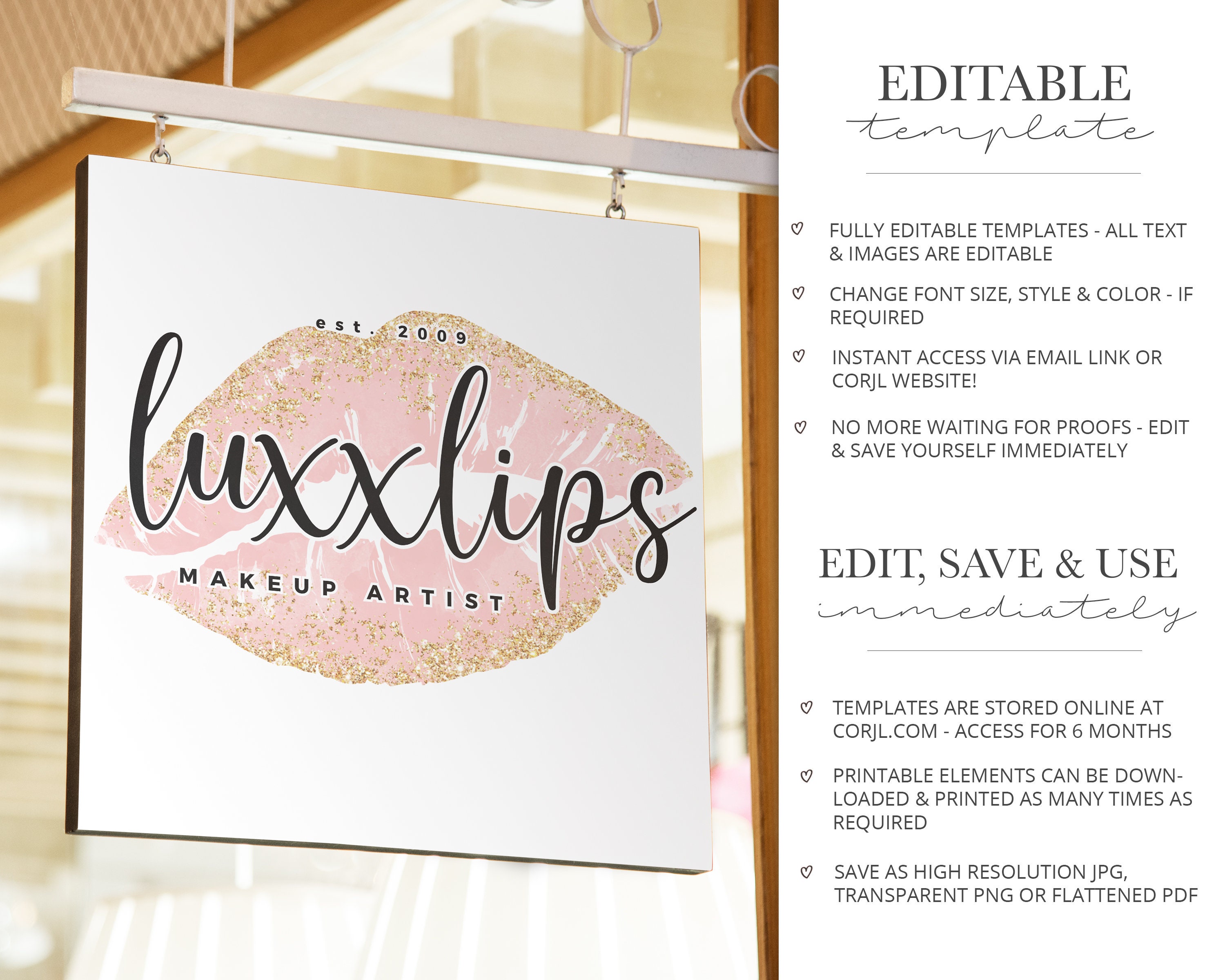 DIY Editable Lips Logo Makeup Artist Sparkle Pink & Gold - Etsy