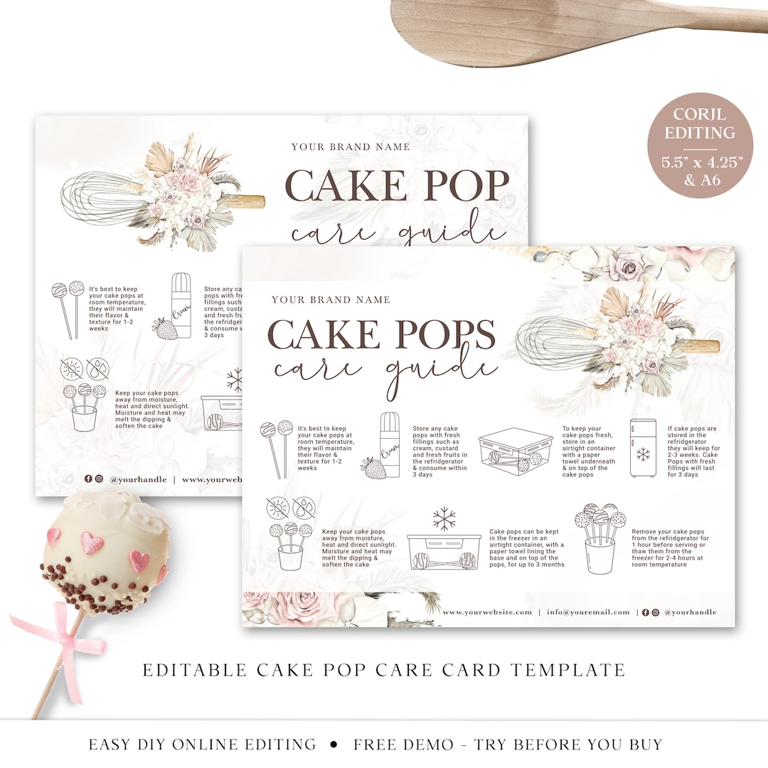 Editable Cake Pop Care Card, Printable Rustic Cake Balls Care Template ...