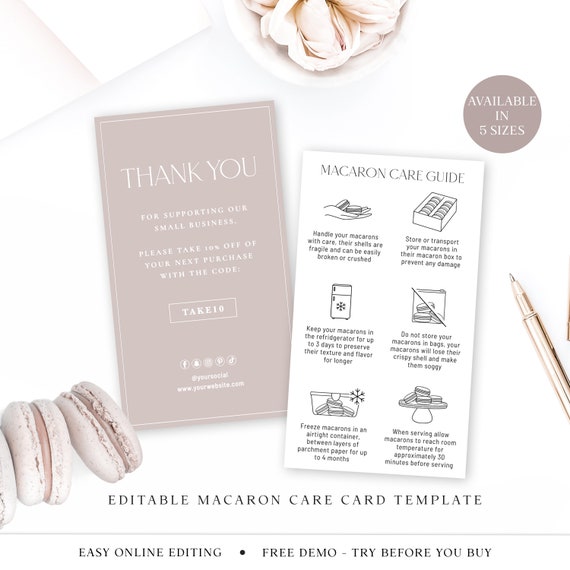 Editable Macaron Care Card Minimalist Macaroon Care Template - Etsy