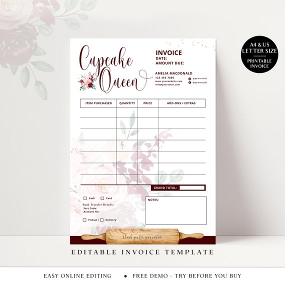 Bakery Invoice Editable Template DIY Edit Business Invoice - Etsy