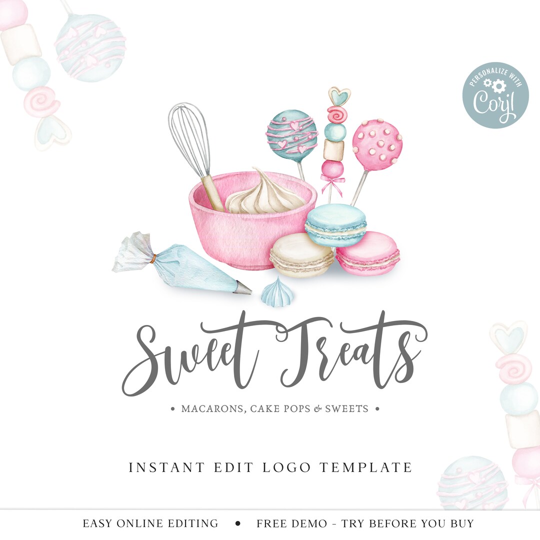 Editable Bakery Logo Template, Instant Edit Watercolor Sweets Business ...