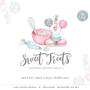 Editable Bakery Logo Template, Instant Edit Watercolor Sweets Business ...