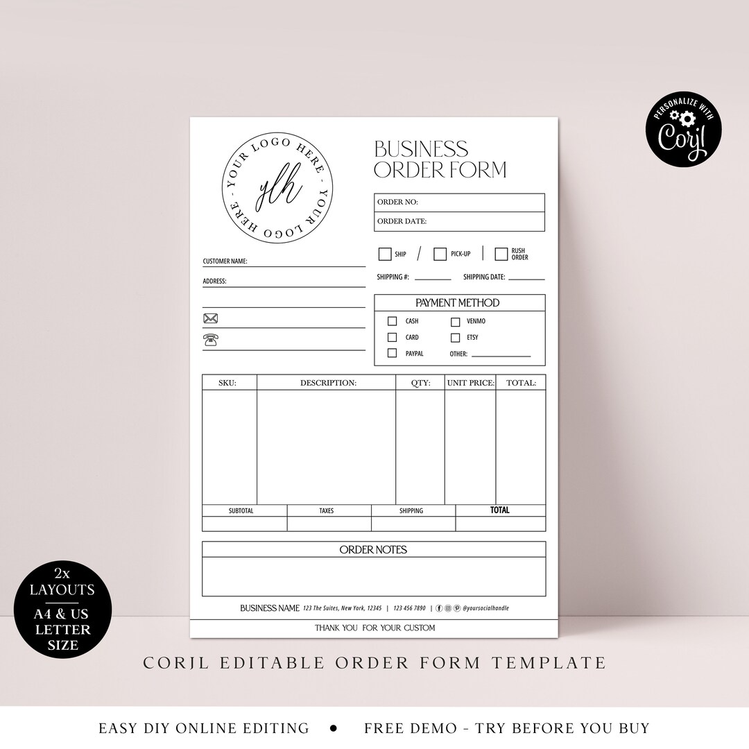 Business Order Form Editable Template, (2 Sizes) Minimalist Company ...