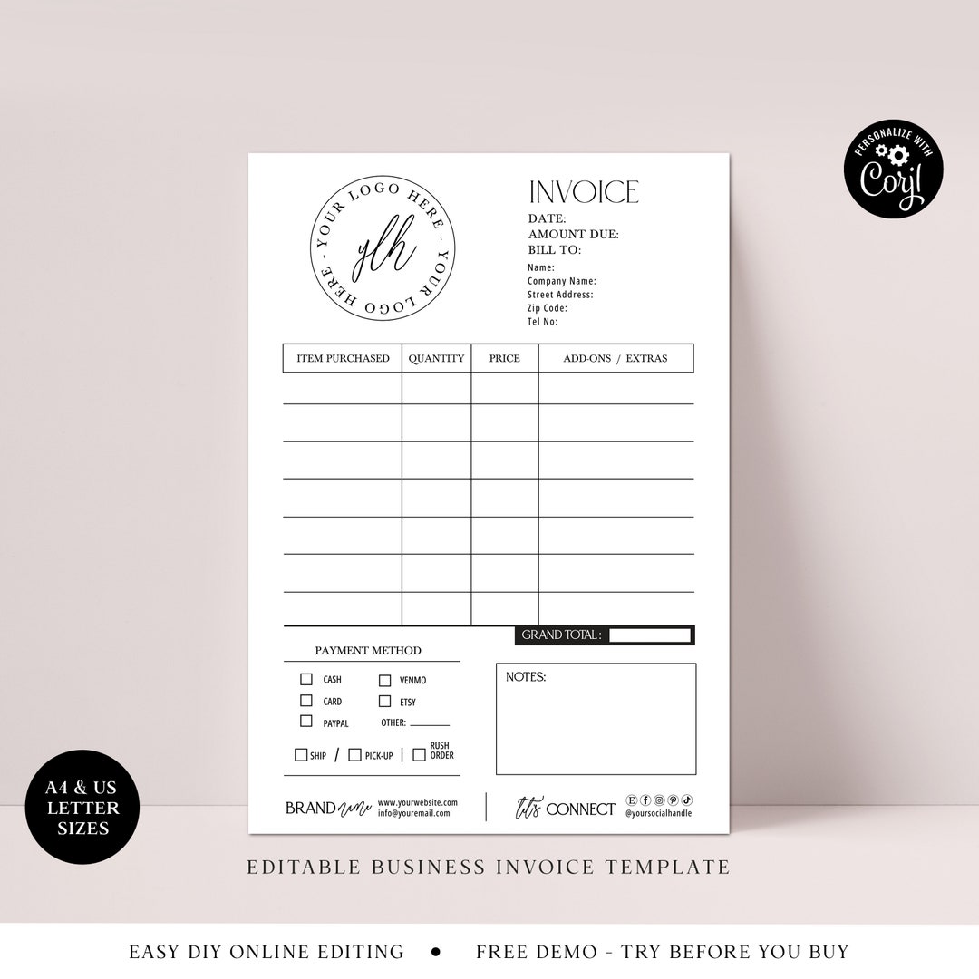 Editable Minimal Invoice Business Template, (2 Sizes) Simple Company ...