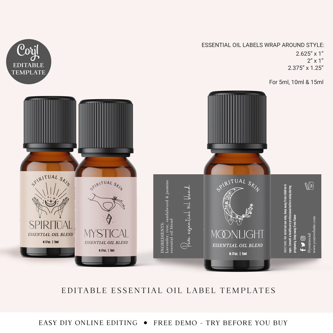 Essential Oil Label Template 3 Sizes DIY Edit Oil Bottle Sticker ...