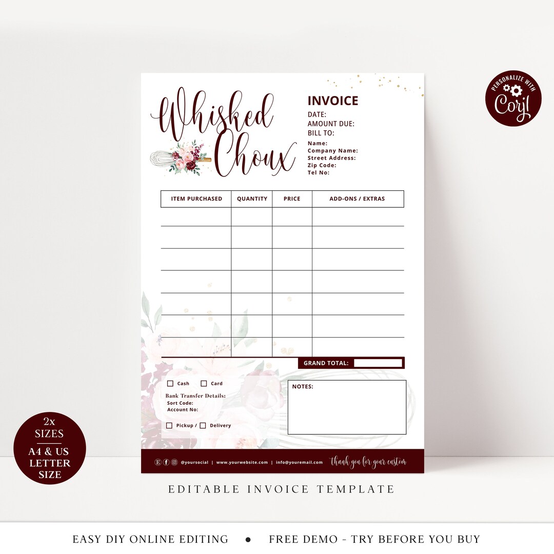 Editable Invoice Template, DIY Edit Business Invoice Form, Printable ...
