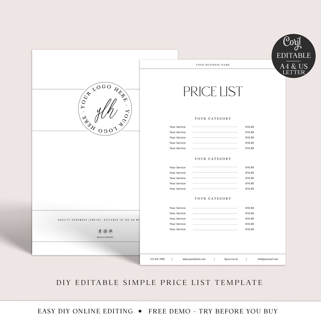 Editable Price List Template, Printable Business Minimalist Modern ...