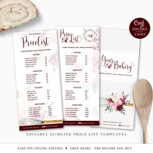 Bakery Price List Template, 2 SIZES Editable Slimline Pricing Guide ...