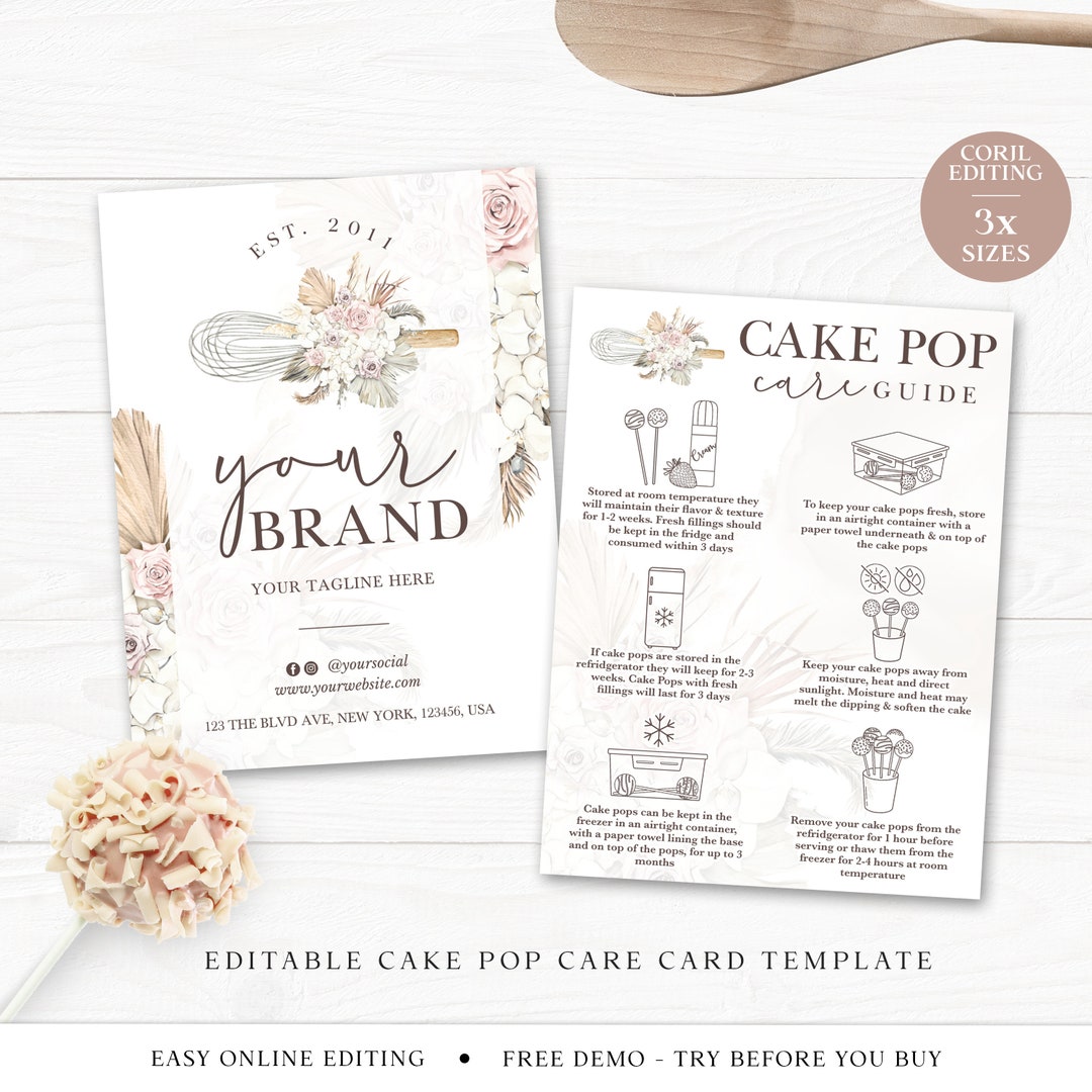 Cake Pop Care Card Editable Template, 3 Sizes Printable Square Cakepop ...