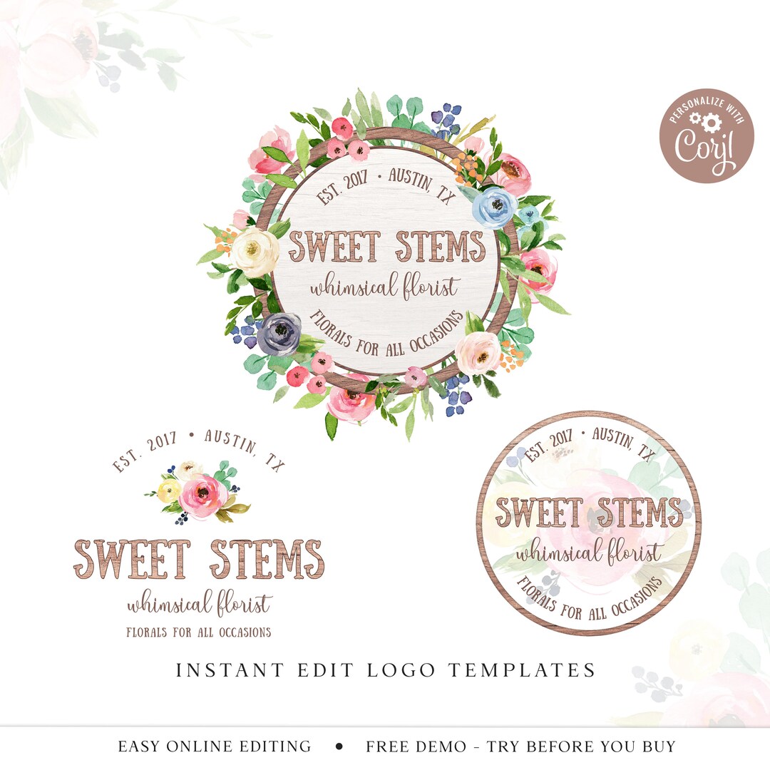 Editable Cute Logo Bundle, DIY Edit 3 X Logo Template Kit, Watercolor ...