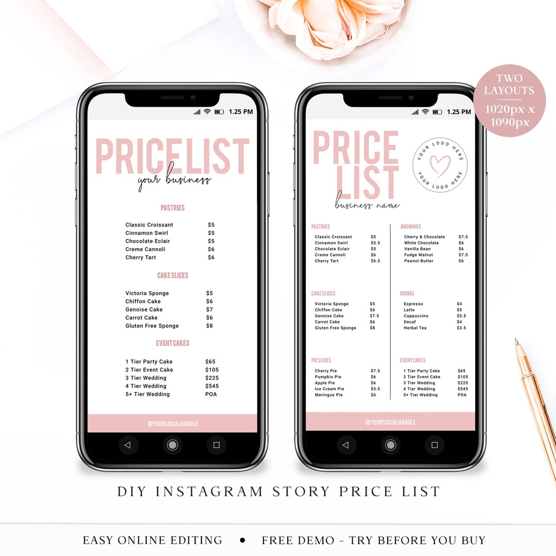 Editable Instagram Price List Template, Bakery Insta Highlights ...