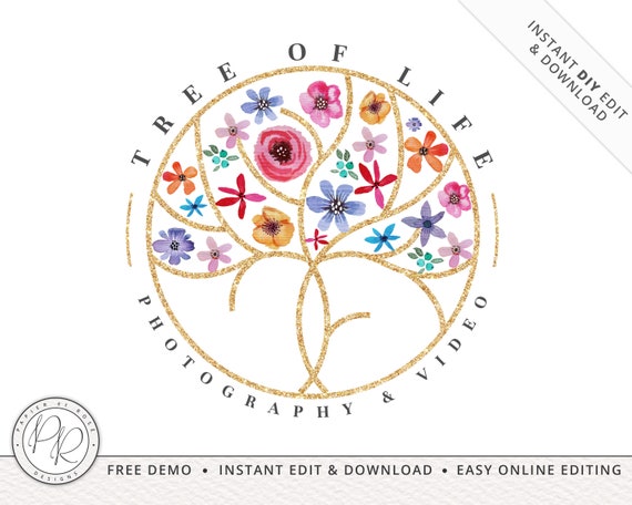 Editable Premade Tree Floral & Gold Nature Circle Stamp - Etsy