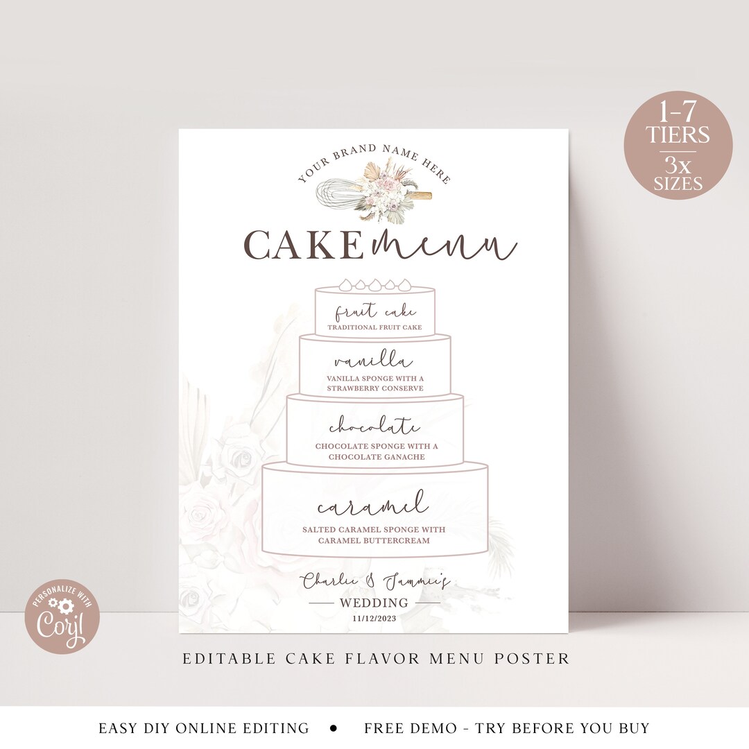 Cake Menu Sign Editable Template, Wedding Cake Flavor Poster, Printable ...
