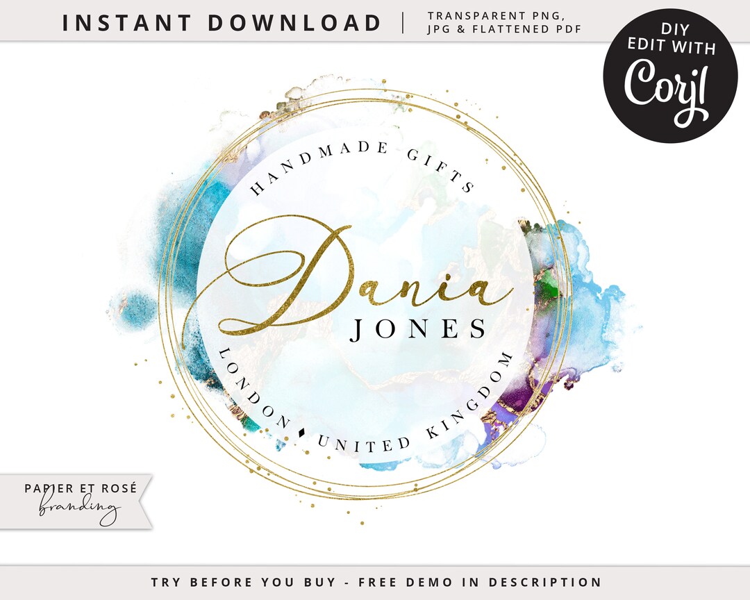 DIY Editable Circular Marble Watercolor & Gold Foil Round Logo Design ...