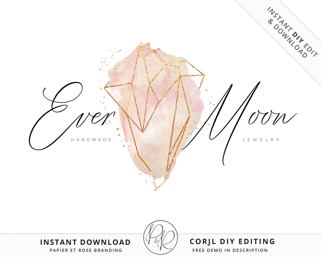 Editable Gemstone Logo Blush Pink & Gold Ethereal Diamond Logo Design ...