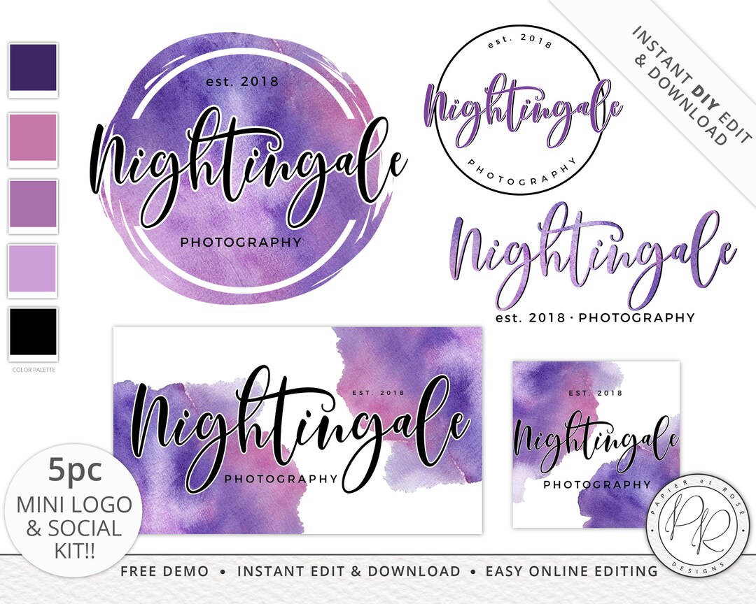 Editable 5pc Mini Kit Logo Suite & Social Package Purple Circle ...
