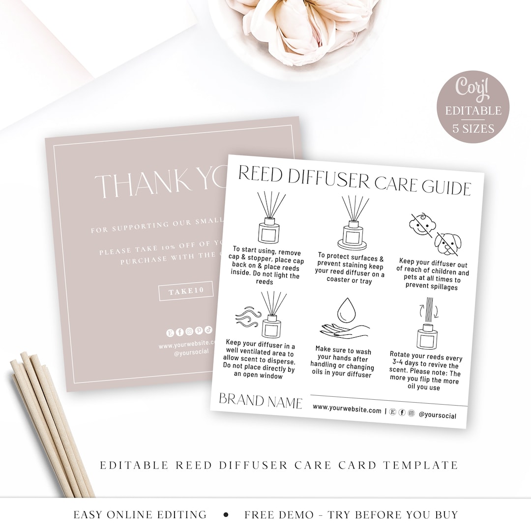 Editable Reed Diffuser Care Card Template, 5 SIZES Room Diffuser ...