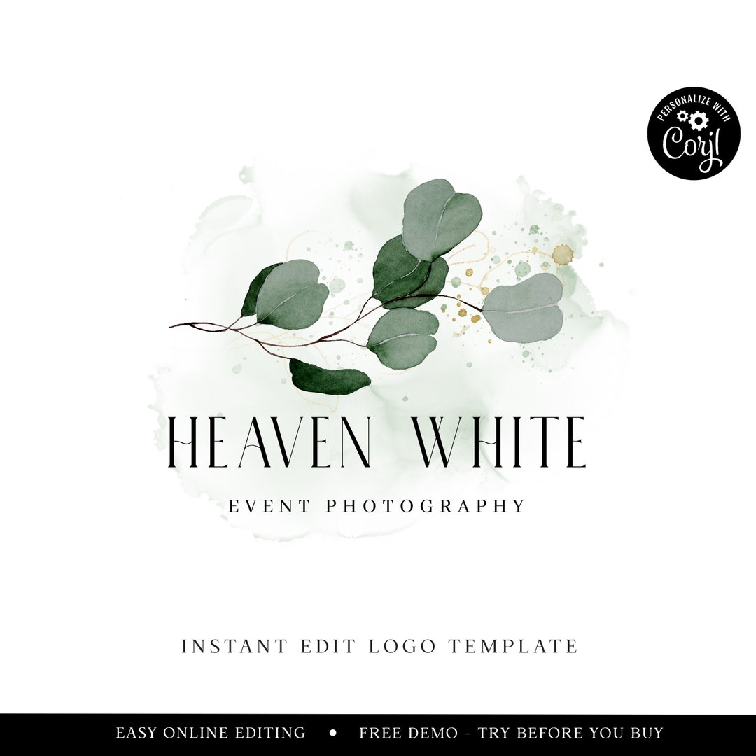 Editable Greenery Logo Template, DIY Edit Eucalyptus Watercolor Leaves ...