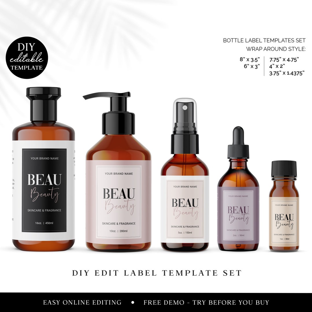Editable Bottle Label Template 5 SIZES DIY Premade Cosmetic Wrap Around ...