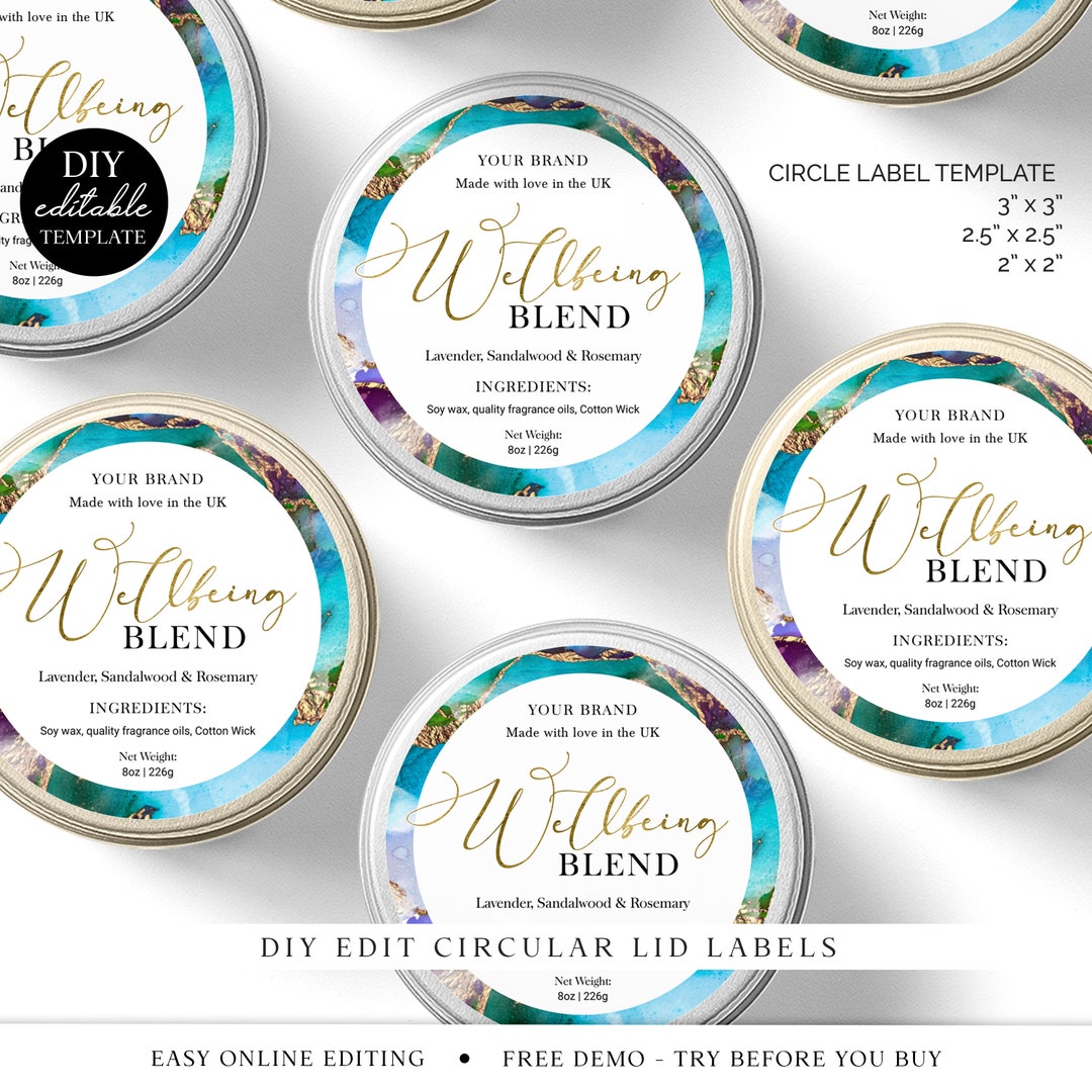 Round Label Template, Editable Round Candle Watercolor Marble Label ...