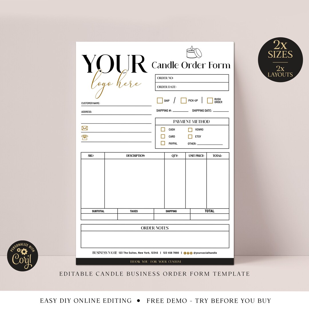 Candle Order Form Editable Template, 2 Sizes Printable Candle Invoice ...