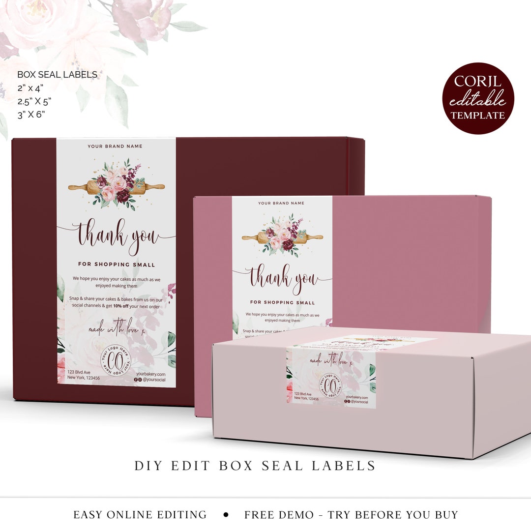 Editable Cake Box Seal Label Template 3 Sizes DIY Edit Bakery Box Seal ...