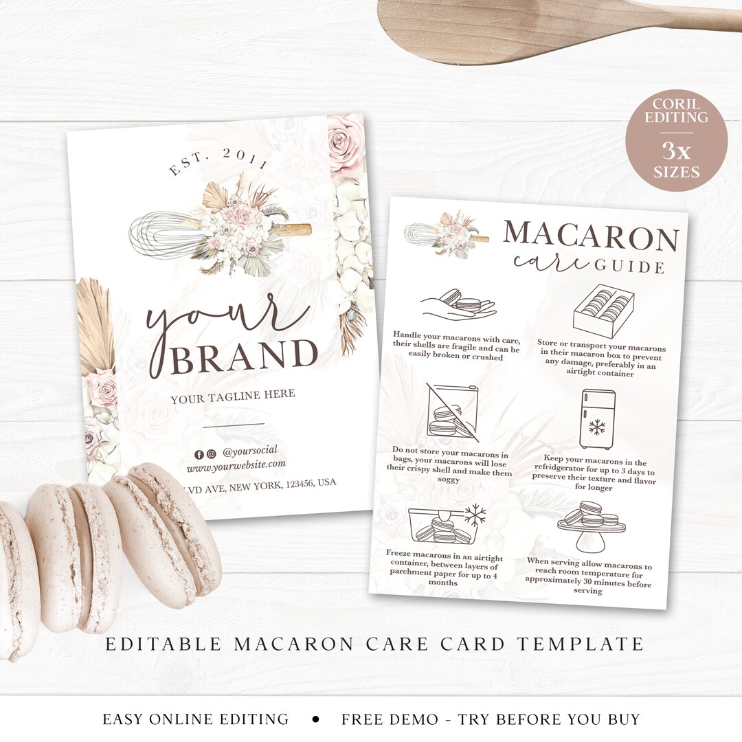 Macaron Care Card Editable Template, 3 Sizes Printable Square Macaron ...