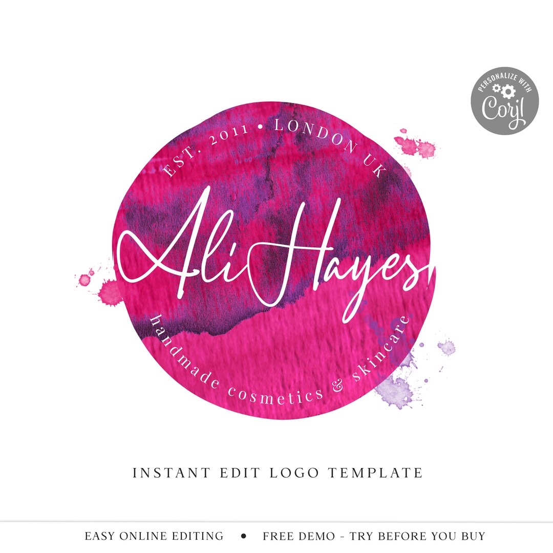 Editable Pink Logo Template, DIY Edit Bright Round Logo, Watercolor ...