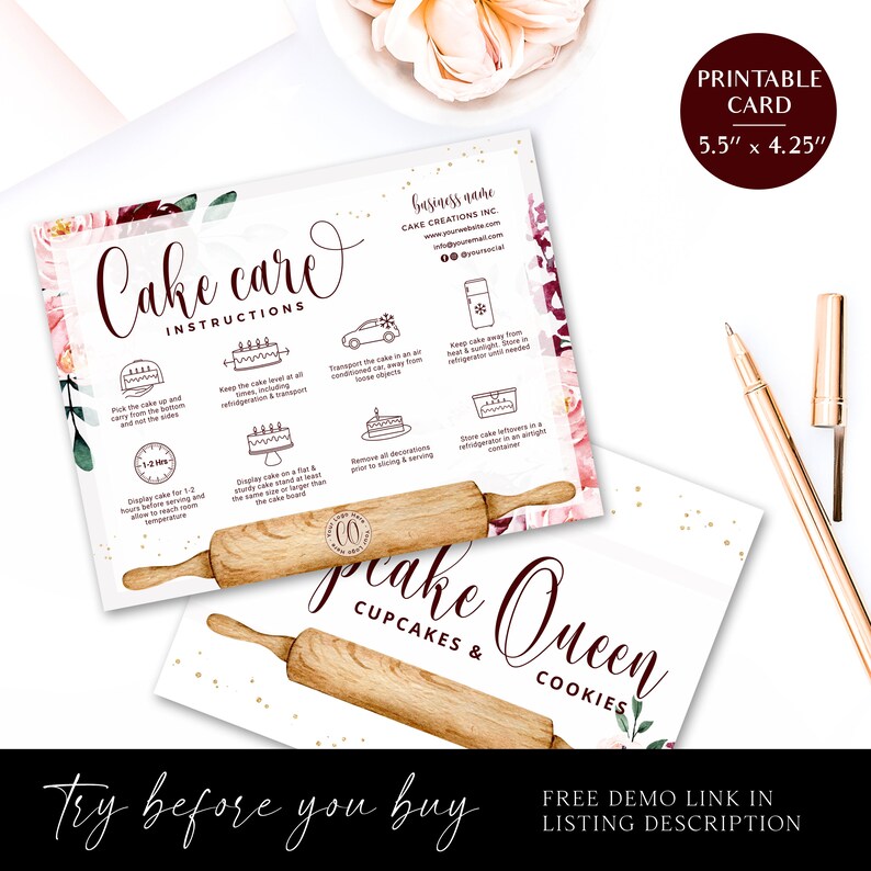Editable Cake Care Card Printable Cake Care Template - Etsy