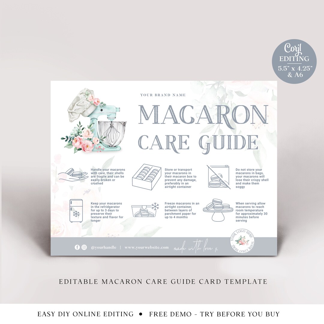 Editable Macaron Care Card, Printable Macarons Care Template ...