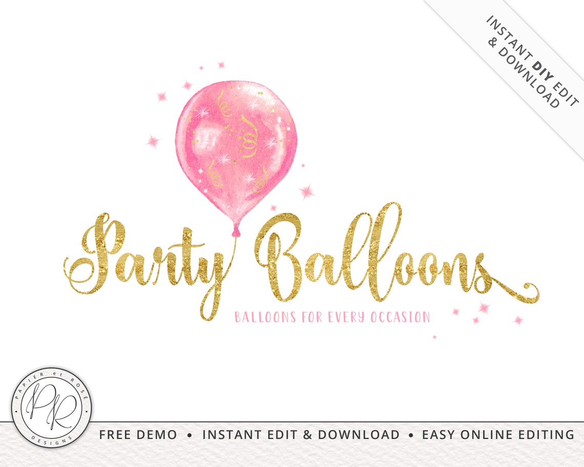 Editable Party Balloon Watercolor & Gold Foil Premade Logo - Etsy