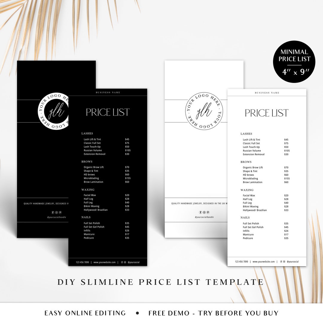 Slimline Price List Template Minimalist 4x9 DIY - Etsy