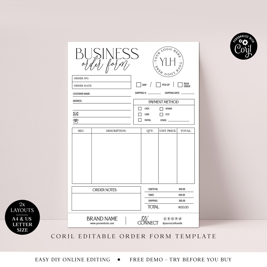 Business Order Form Editable Template, (2 Sizes) Minimalist Company ...
