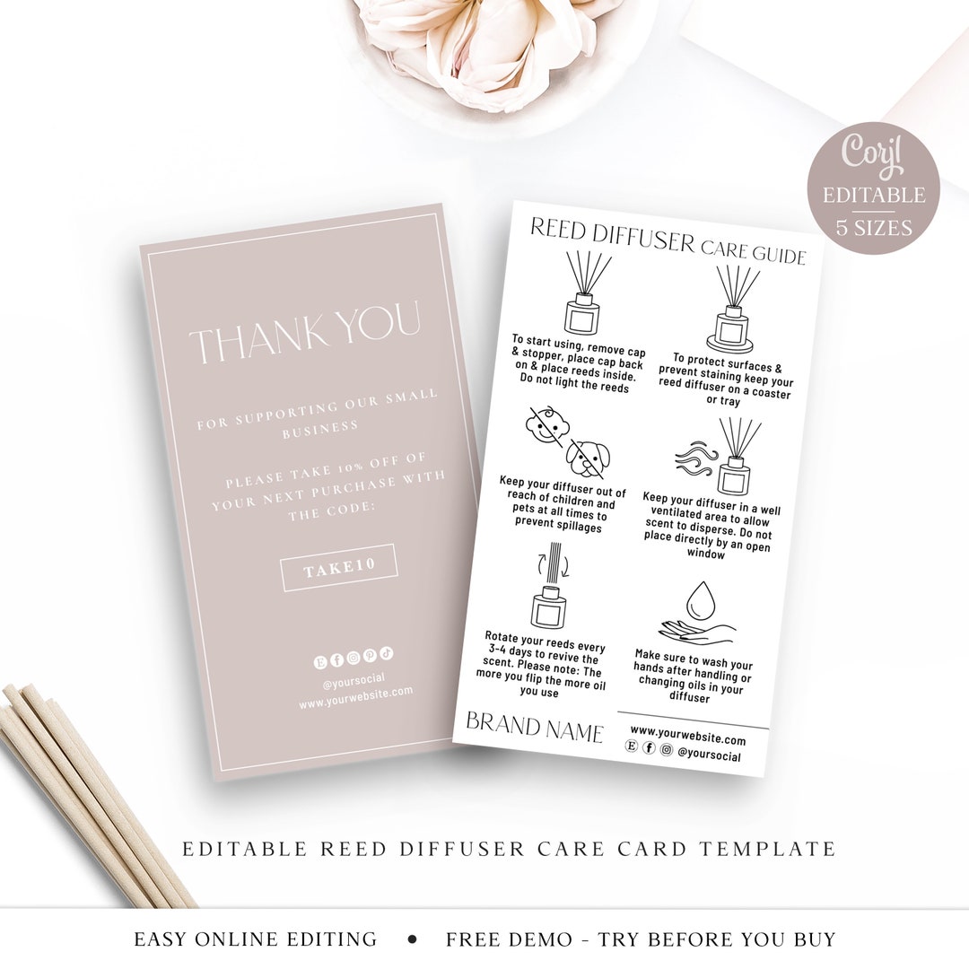 Editable Reed Diffuser Care Card Template, 5 SIZES Room Diffuser ...