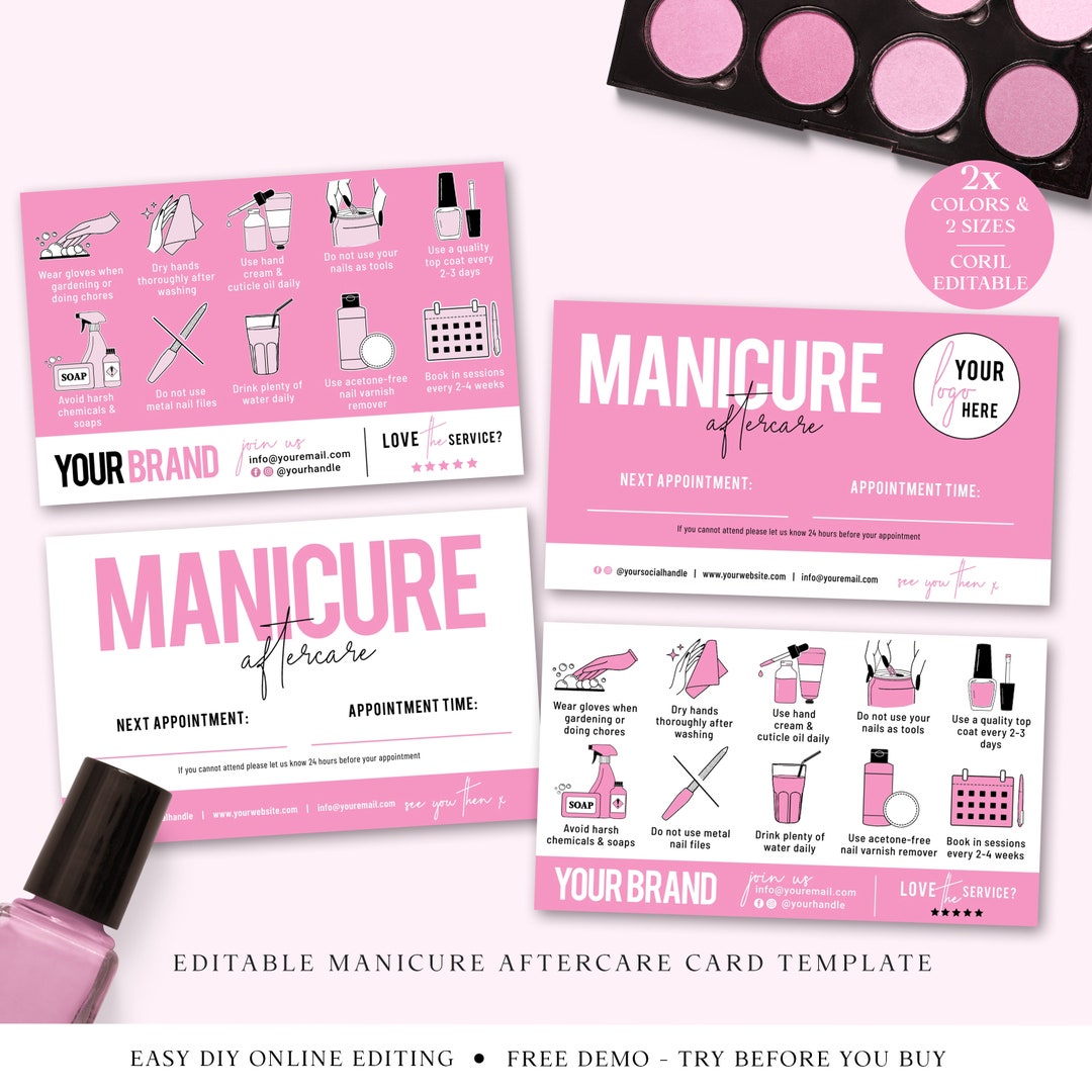 Manicure Care Card Editable Template, Pink Nail Care Template, DIY Edit ...