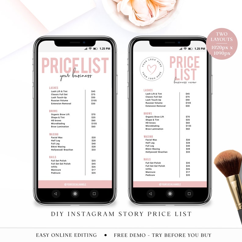 Instagram Price List Editable Template Beauty Insta - Etsy