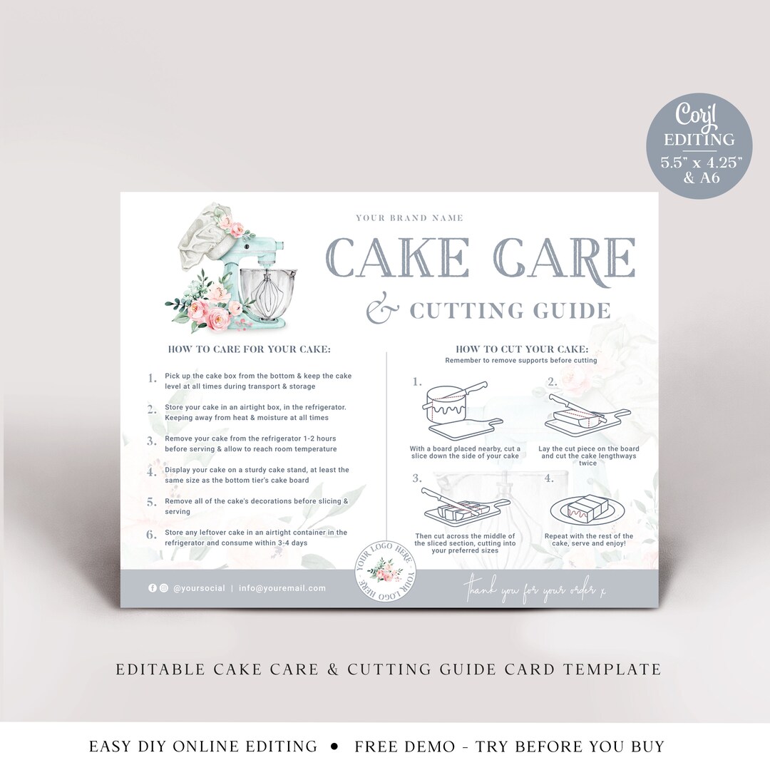 Cake Care and Cutting Guide Editable Template, 2 Sizes Printable Event ...